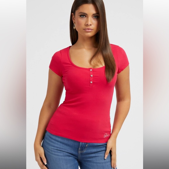Guess | Tops | Guess Short Sleeved Karlee Jewel Button Ribbed Top Large ...